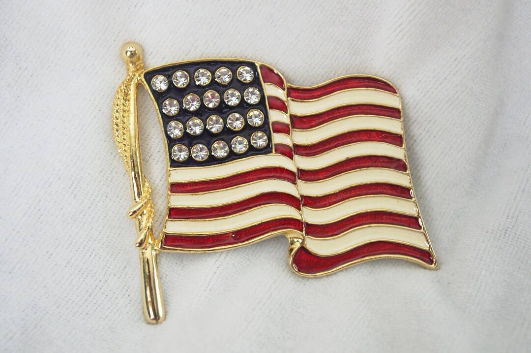 Vintage Brooch / Pin: Large, Red, White, & Blue Enamel Rhinestone Flag ...