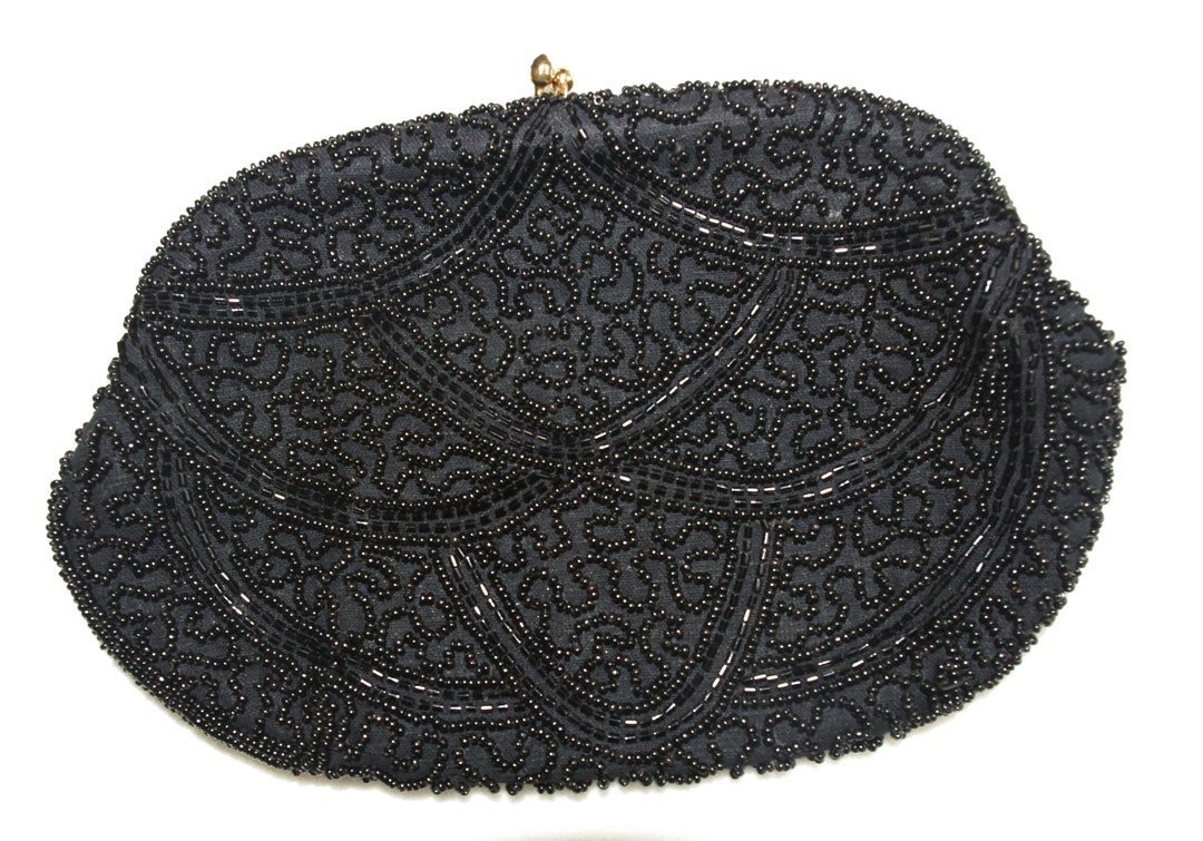 Vintage Beaded Evening Bag: Black Seed & Bugle Beads, Festoons + Swirls ...