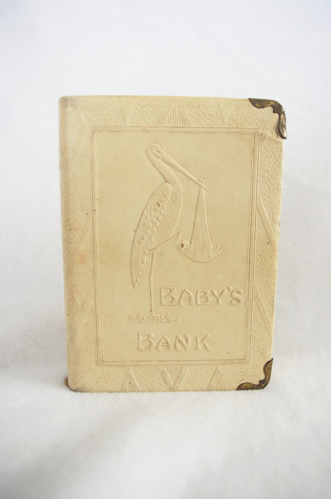 Vintage Bank: Metal Book-shaped "baby's Bank" W/ Embossed Stork, Zell Products Company, NY ...