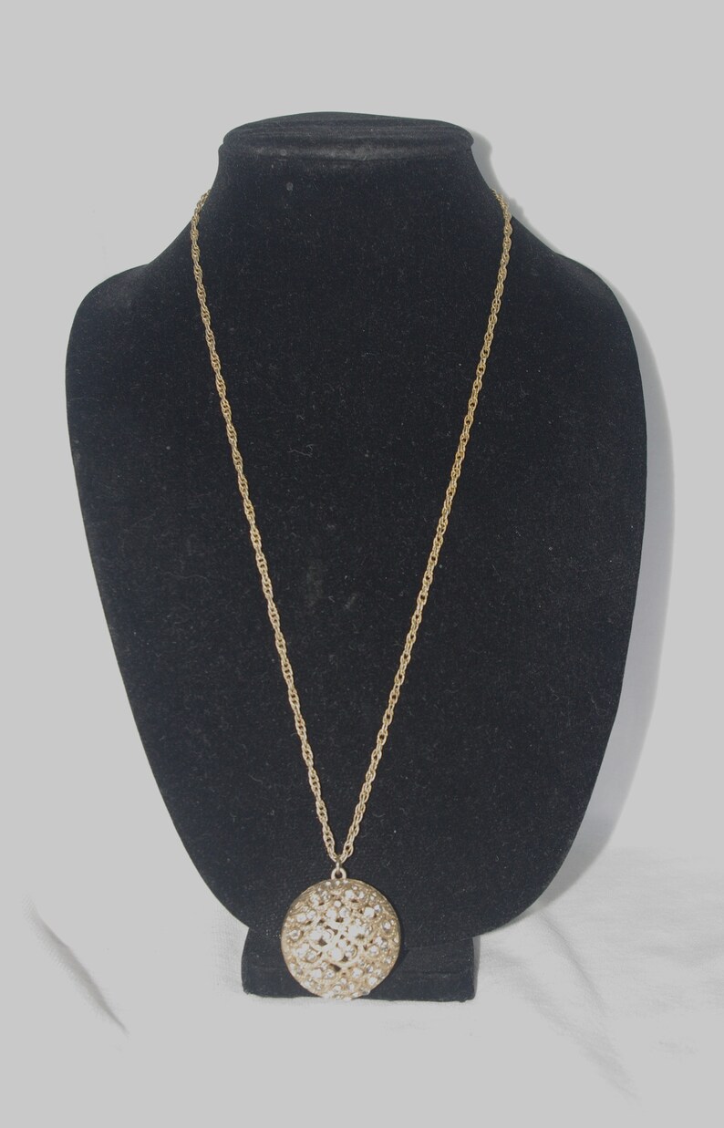 Vintage Pendant Necklace: BSK Gold Disk W/ Openwork Filigree & Gray ...
