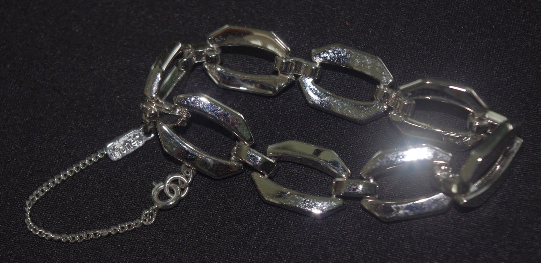 Vintage Monet Silver Octagon / Octagonal Link Bracelet W/ Safety Chain ...