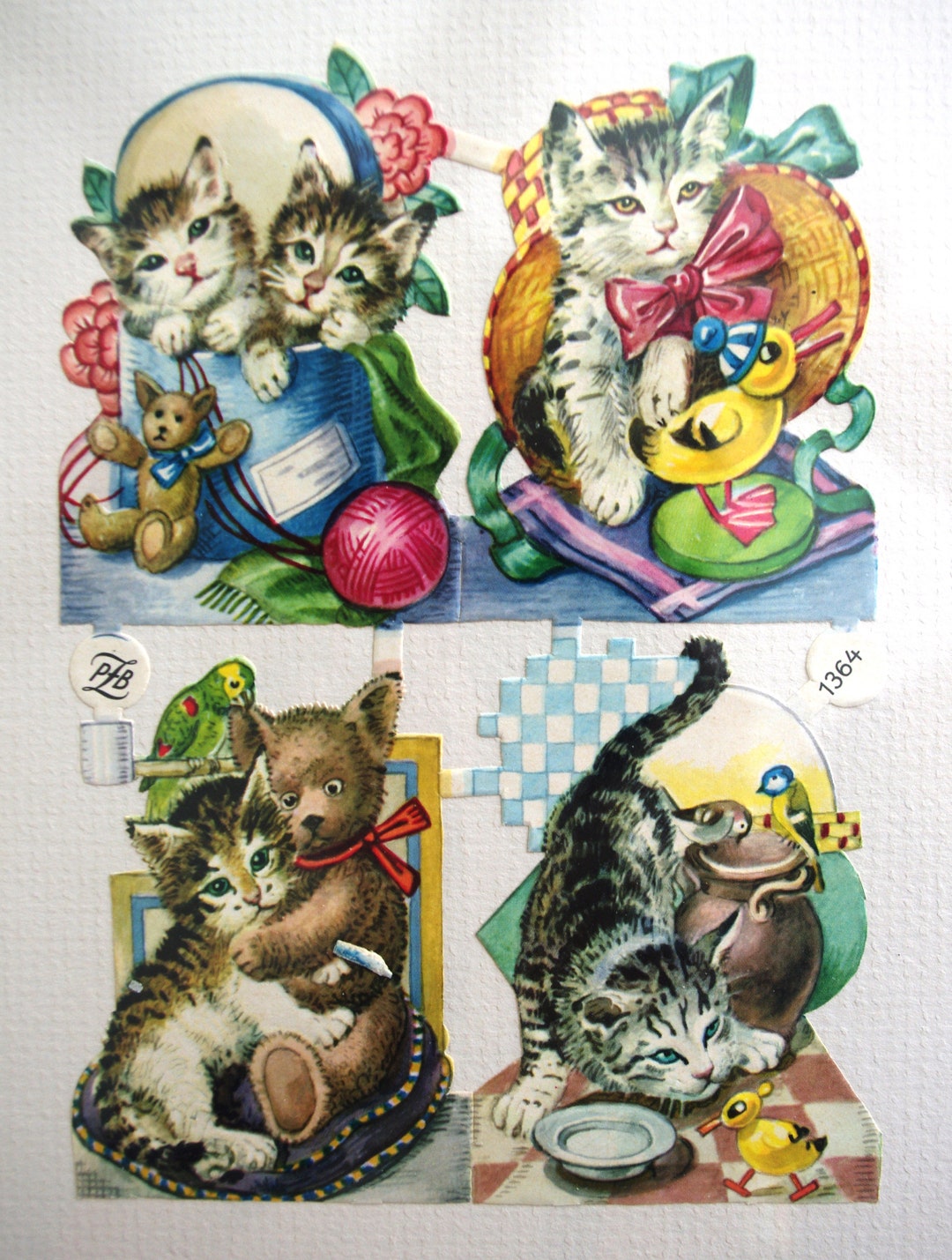Vintage Lithograph Die Cut: Embossed Cats / Kittens Original, Germany ...