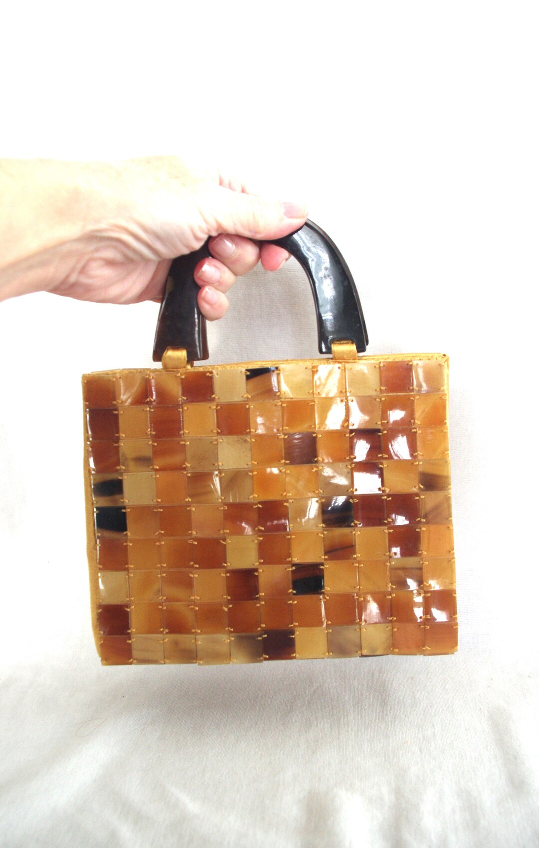 Vintage Handbag: 1960s Lucite Faux Tortoise Shell & Gold Satin, Vietnam ...