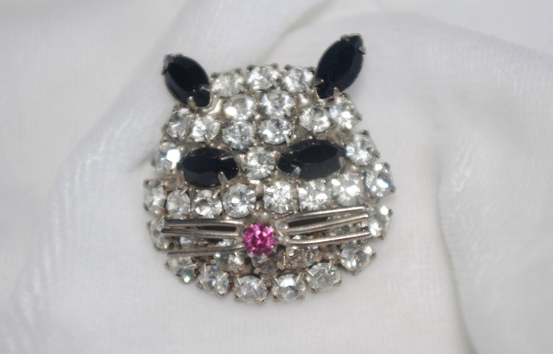 Vintage Brooch / Pin: Rhinestone Cat Face / Head, Clear, Black, Pink ...