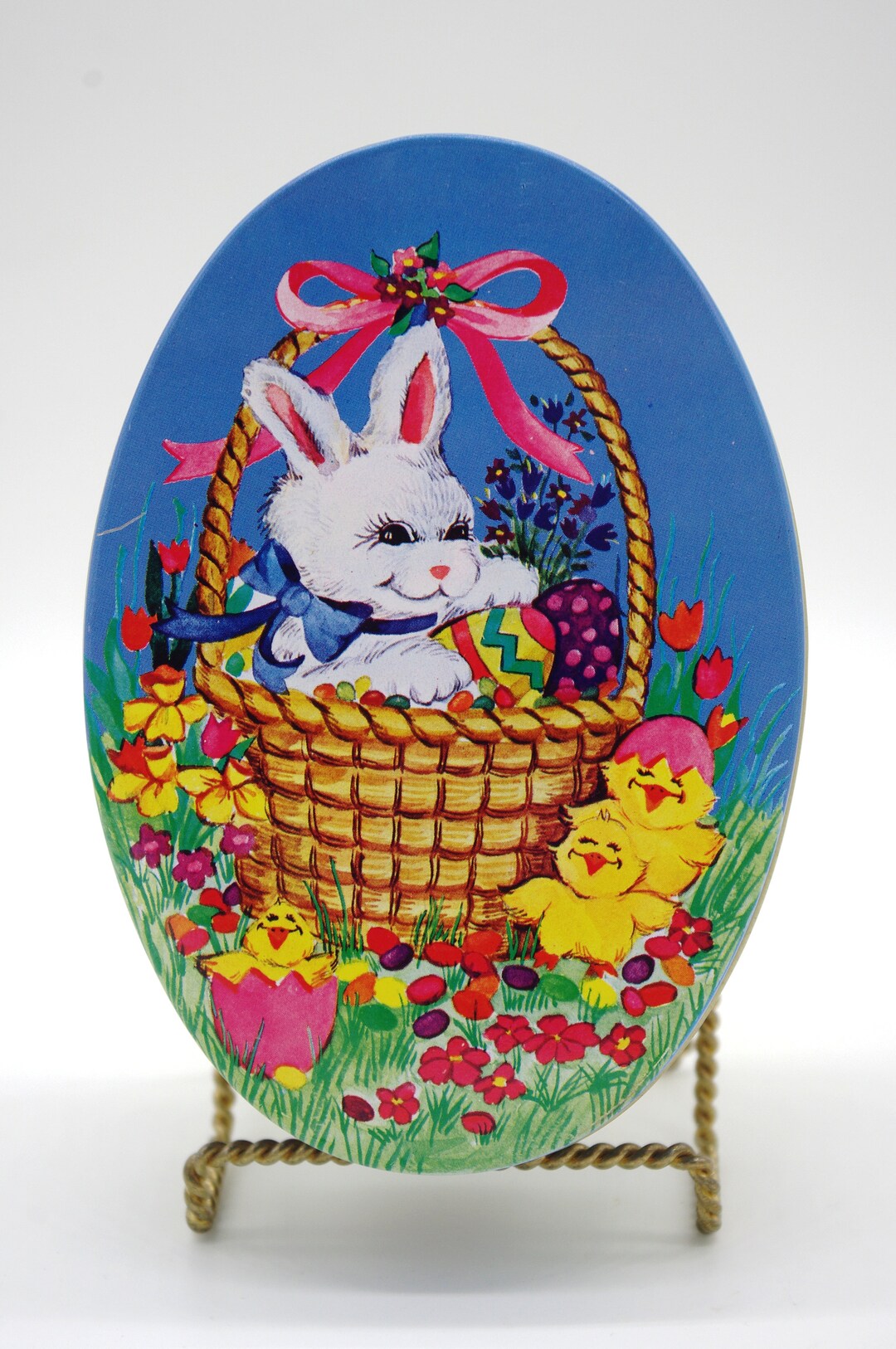 Vintage Lithographed Easter Egg Tin: Rabbit & Chicks in Basket Giftco ...