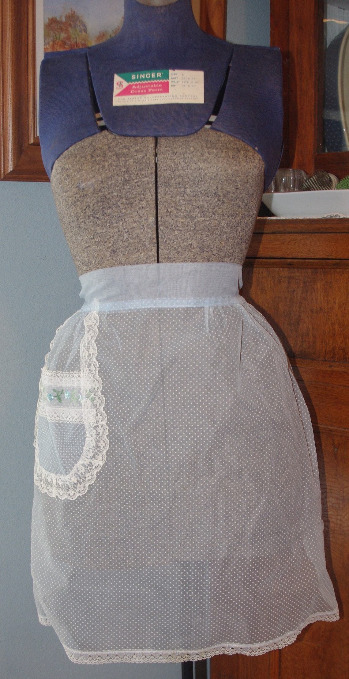 Vintage Apron: 1960s Women's Fancy Hostess Blue White Nylon Dotted ...