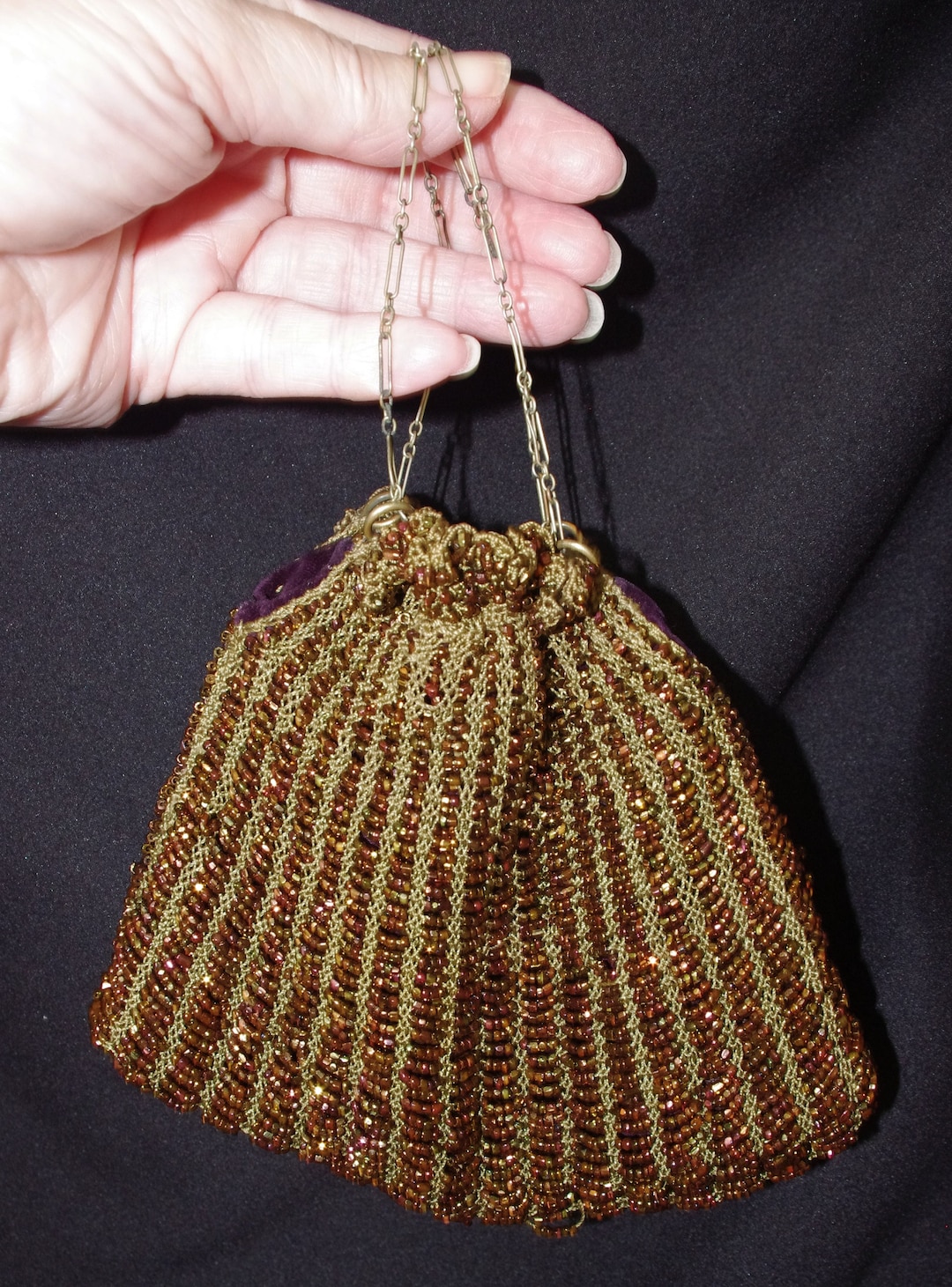 Antique Handbag: Crocheted Copper Seed Bead / Beaded Drawstring Purse ...