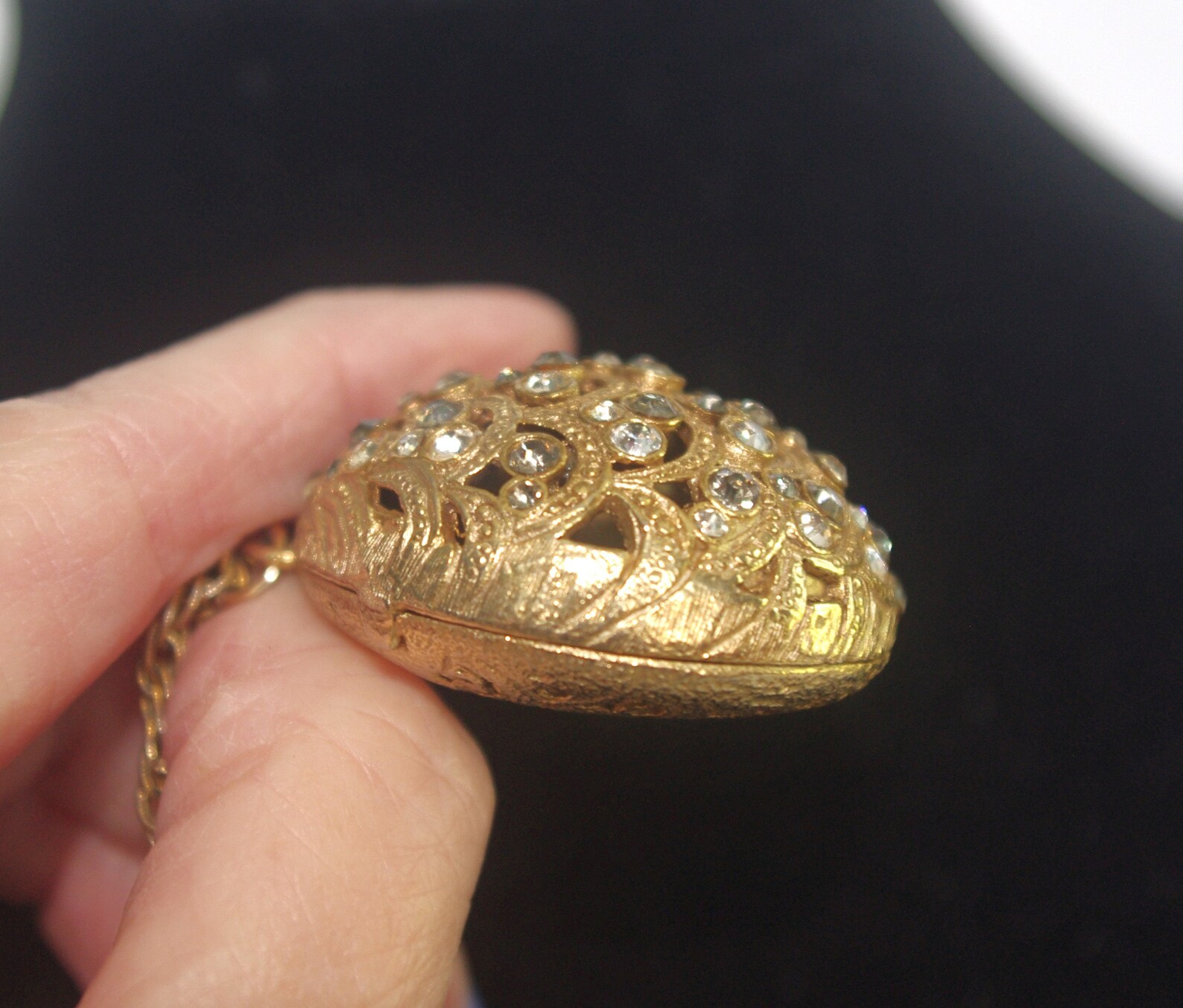 Vintage Pendant Necklace: BSK Gold Disk W/ Openwork Filigree & Gray ...