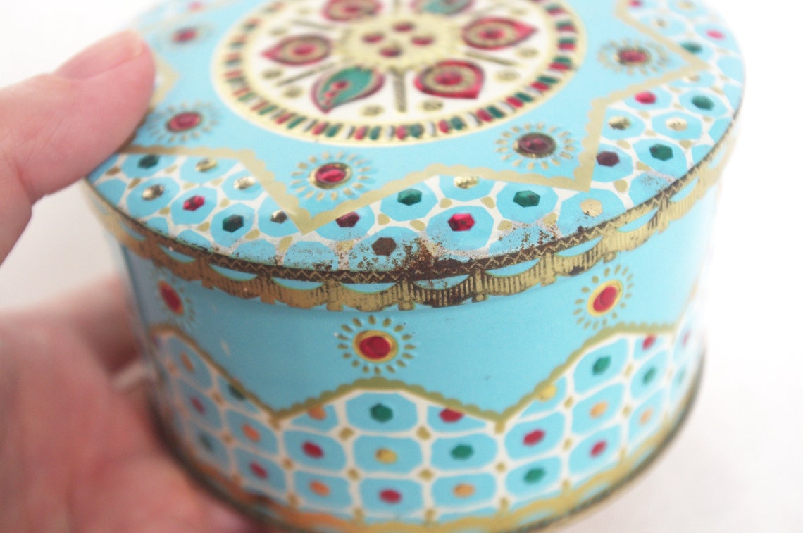 Vintage Candy / Biscuit / Powder Tin Canister: Light Blue W/ "jewels ...