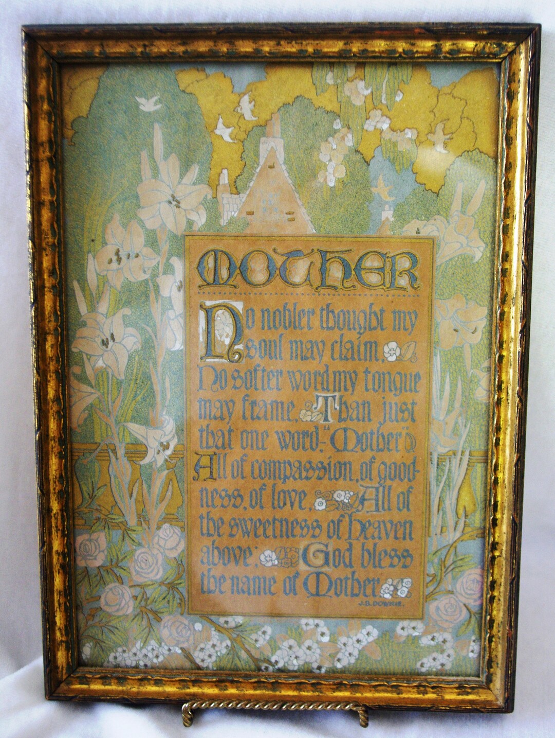 Antique / Vintage Picture: Art Deco Gilded "mother" Poem W/ Lilys ...