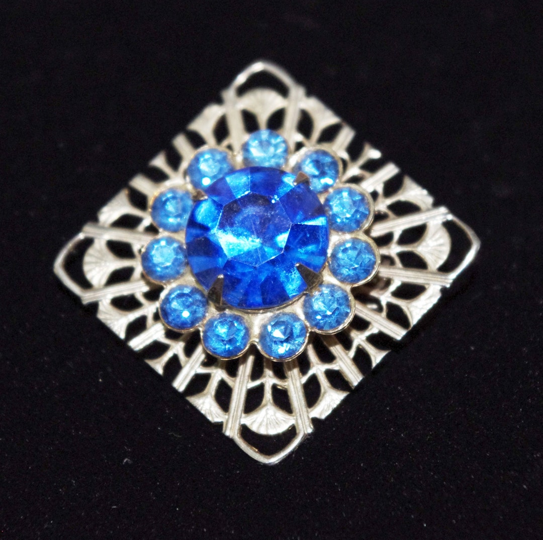 Vintage Pin / Brooch: Bright Blue Rhinestones on Silver Filigree 1960s ...