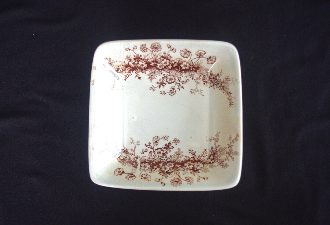 Vintage Ironstone Transferware: Small Square Dish, Brown White w. & T ...