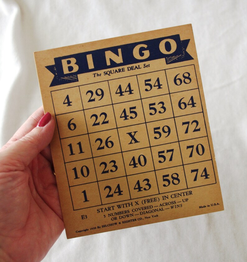 Vintage Bingo Game Card Lot: 10 Blue Cards "the Square Deal Set ...