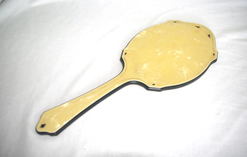 Vintage Hand Mirror: Art Deco Light Yellow Marbled Moon Glow & Black ...