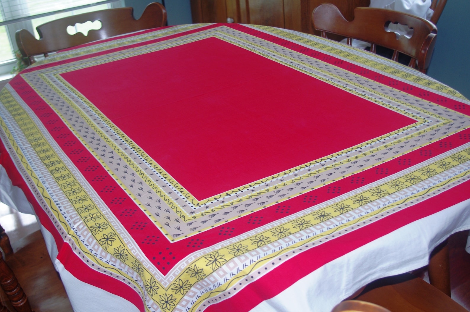 Vintage 1960s Printed Tablecloth: Abstract Designs, Red, Yellow, Tan ...
