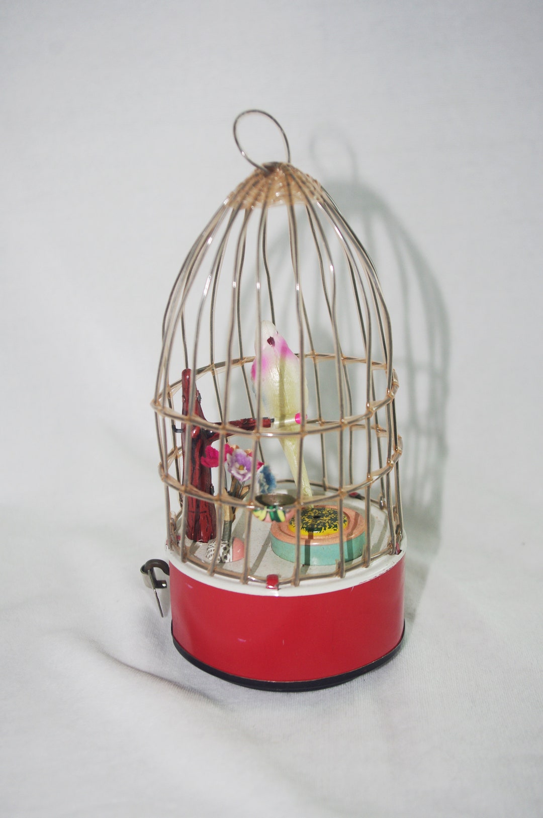 Vintage Wind-up / Mechanical Toy: Celluloid Bird in Cage, Moves to Eat ...