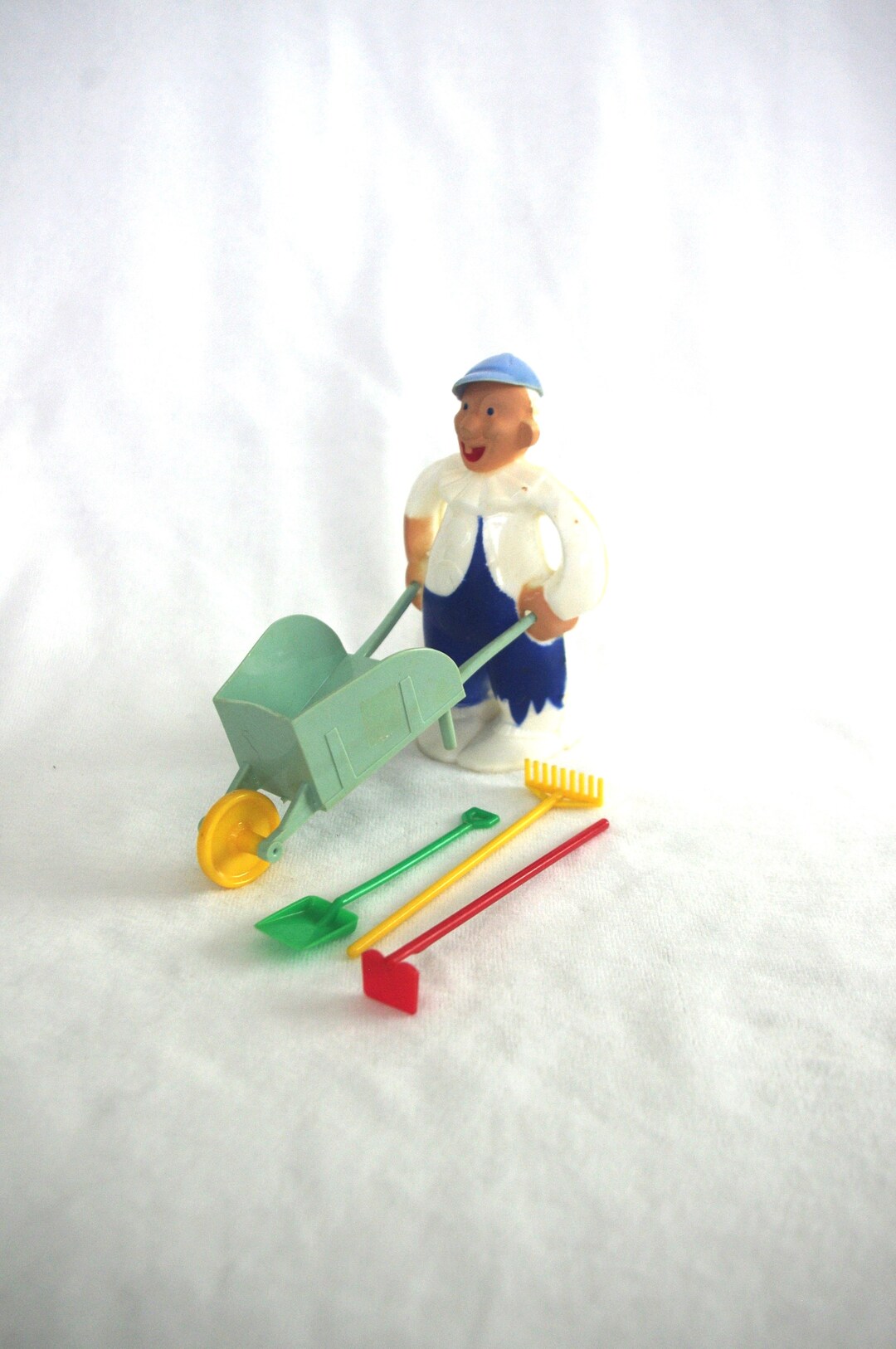RARE Vintage Toy: Rosbro Plastics Clown / Farmer W/ Wheelbarrow, Rake ...