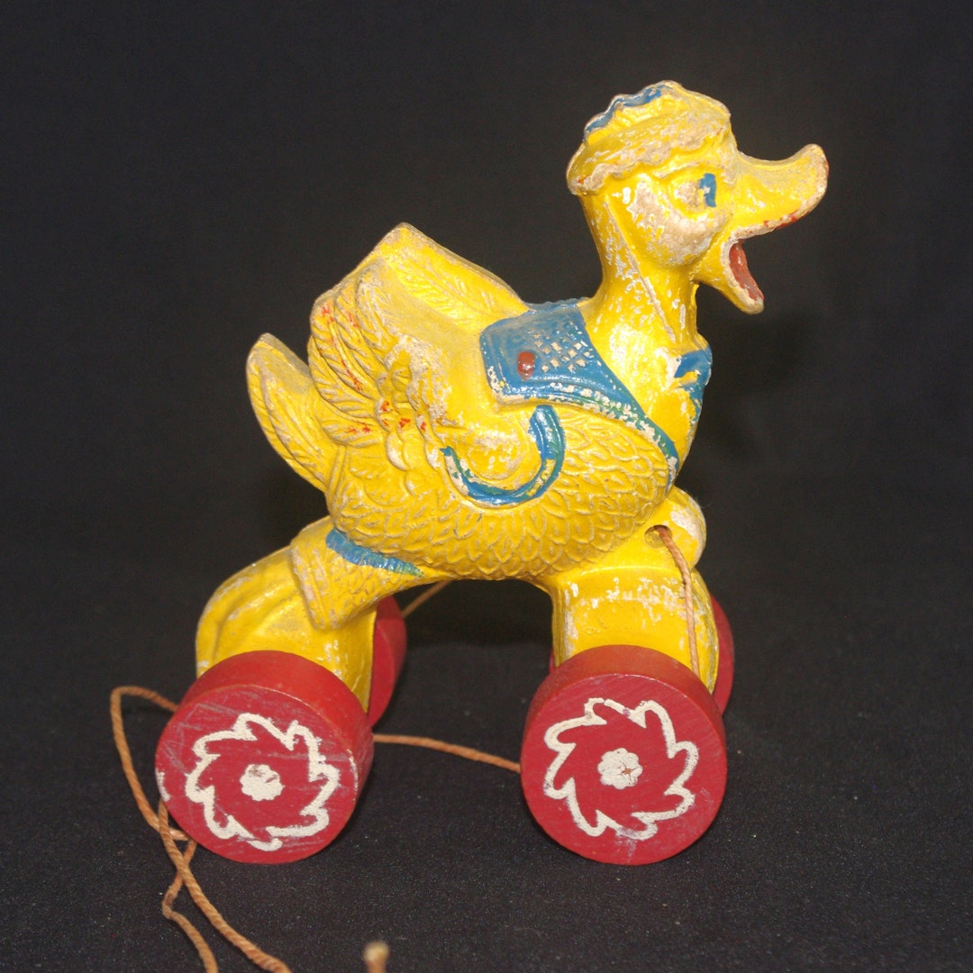 Vintage Pull Toy: 1940s Composition Duck Pull Toy W/ Wooden Wheels - Etsy
