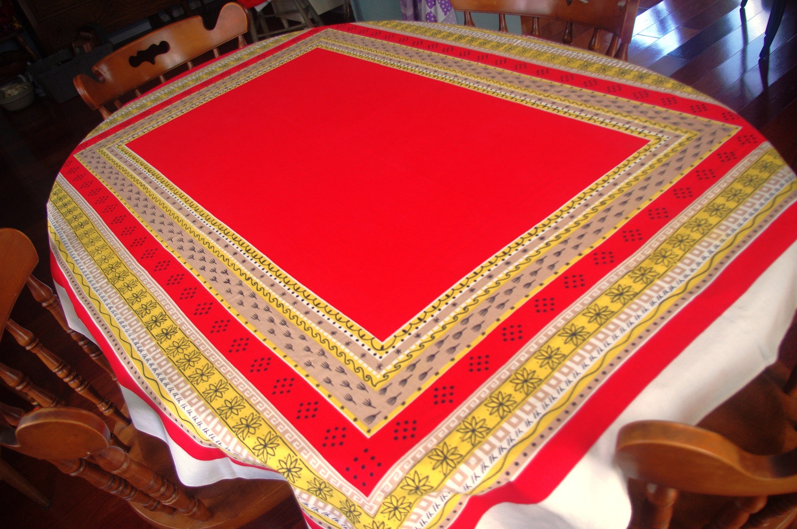 Vintage 1960s Printed Tablecloth: Abstract Designs, Red, Yellow, Tan ...