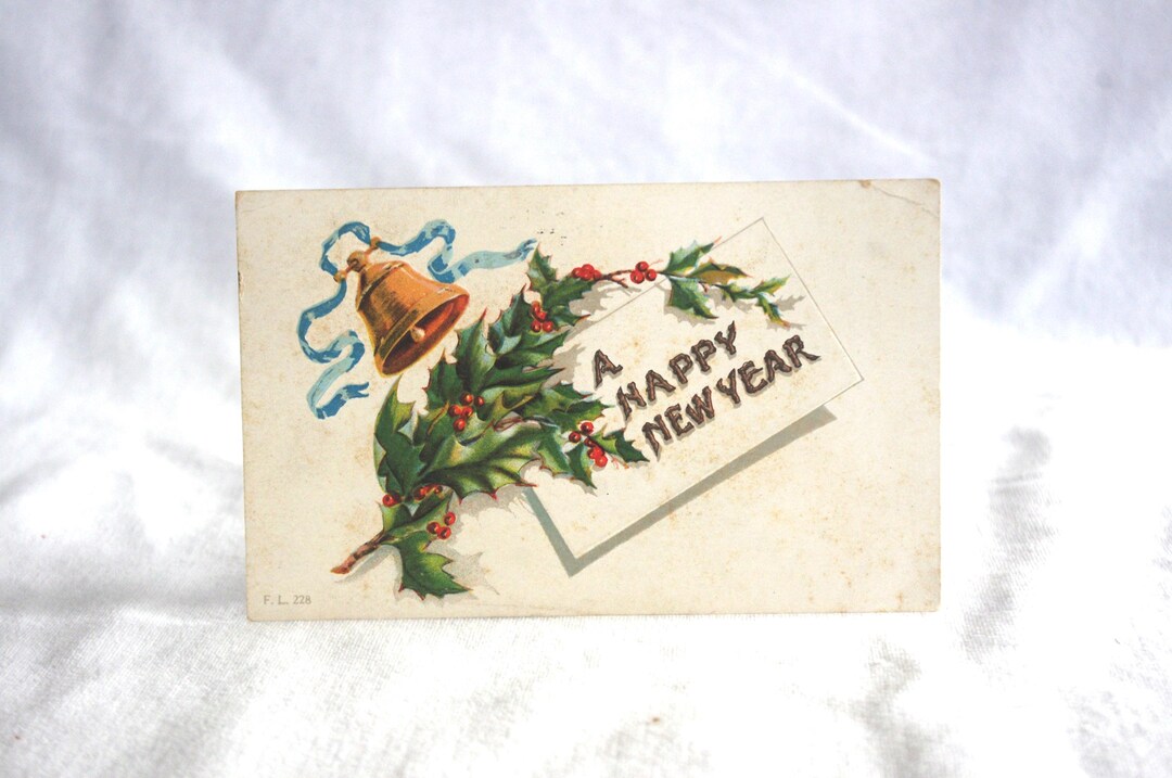 Vintage Postcard: a Happy New Year Embossed, W/ Holly & Bell, Early 1900s / 1908 - Etsy