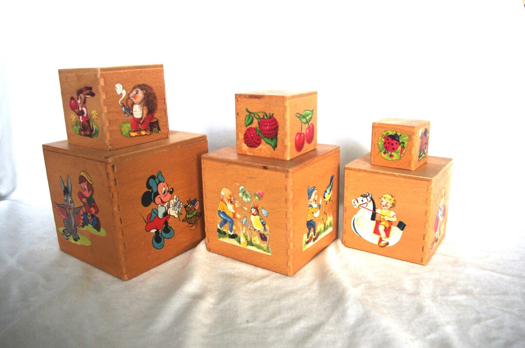 6 Vintage Wooden Stacking / Nesting Boxes / Blocks W/ Disney, Elf, Etc ...