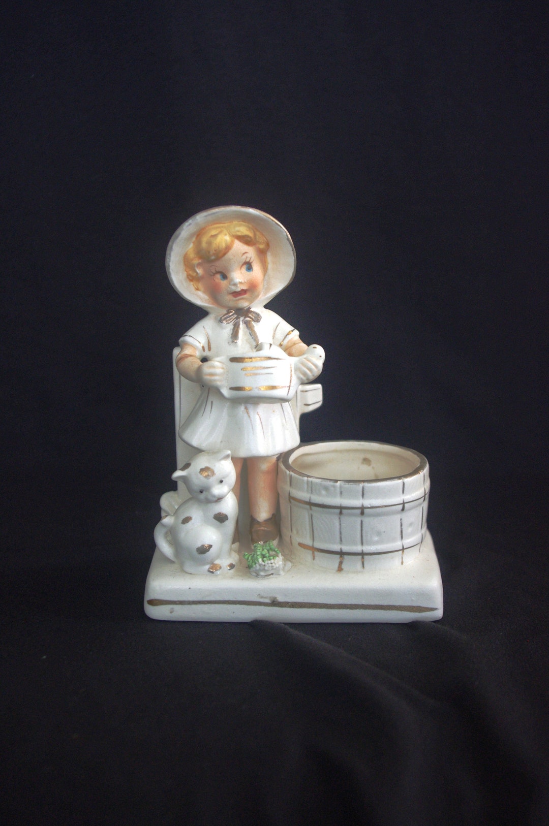Vintage Small Planter / Figurine: Girl at Well W/ Watering Can & Cat ...