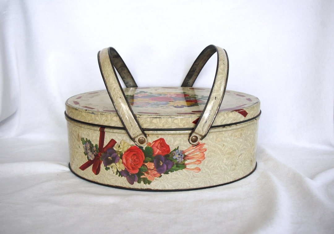 Vintage Oval Biscuit Tin / Cookie Canister / Sewing Box W/ Handles ...