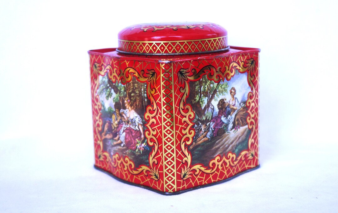 Vintage Candy / Tea Tin Canister: Daher, Red & Gold W/ Romantic ...