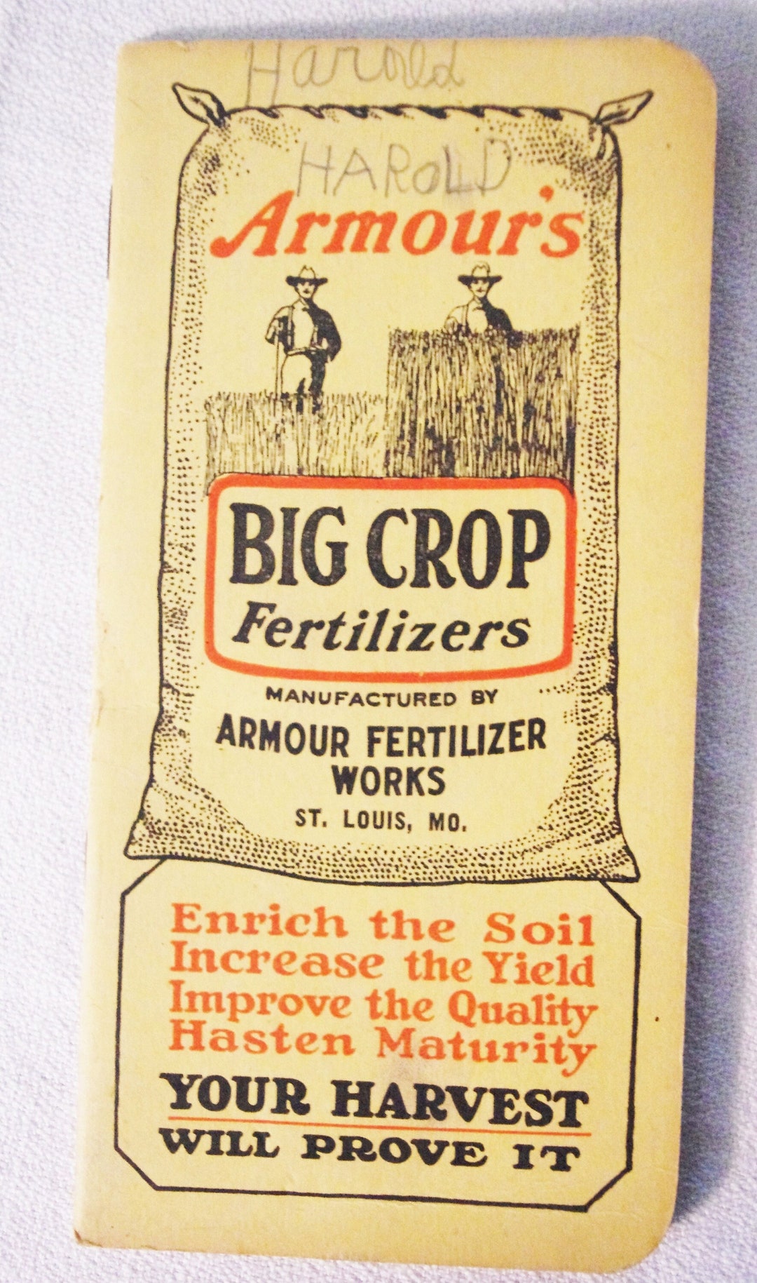 Vintage Advertising Notebook / Note Pad: Armour's Big Crop Fertilizers ...