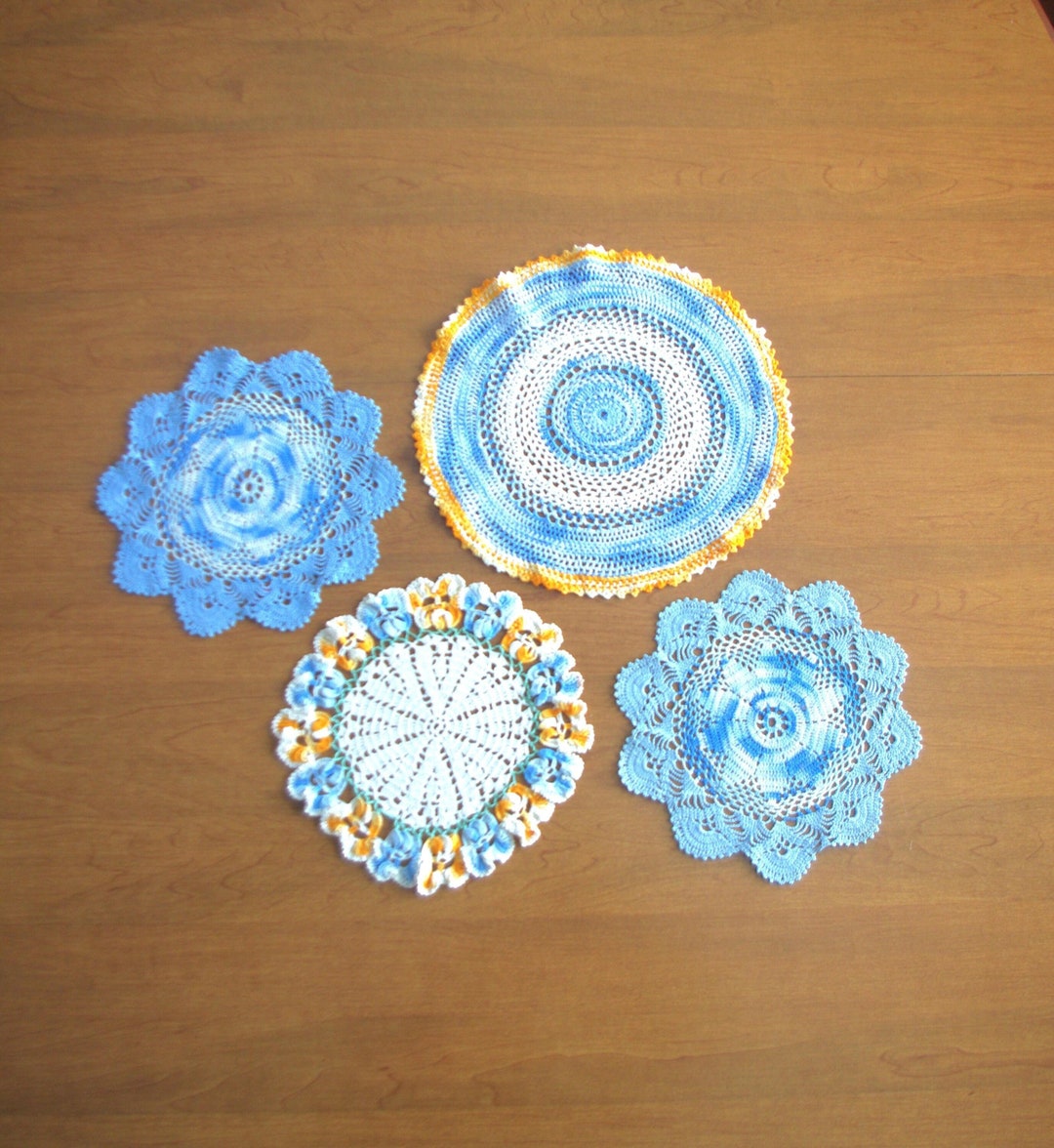 Vintage Doilies / Doily Lot: Four Round Blue & White W/ Gold - Pansies ...