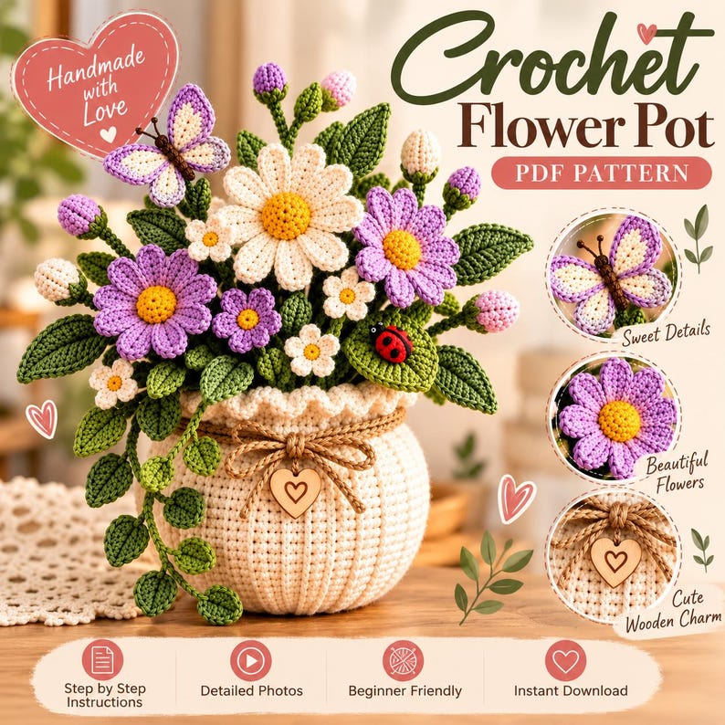 Crochet Flower Bouquet Pattern PDF, Amigurumi Flower Pot, Beginner ...