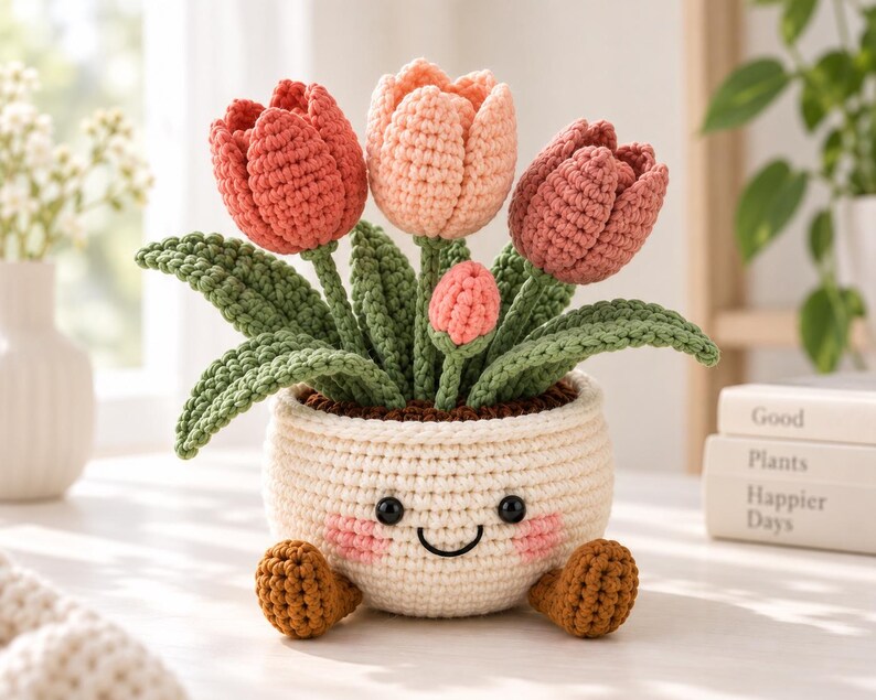 Crochet Flower Pot, Handmade Peony Daisy Tulip Mushroom Plant Decor ...