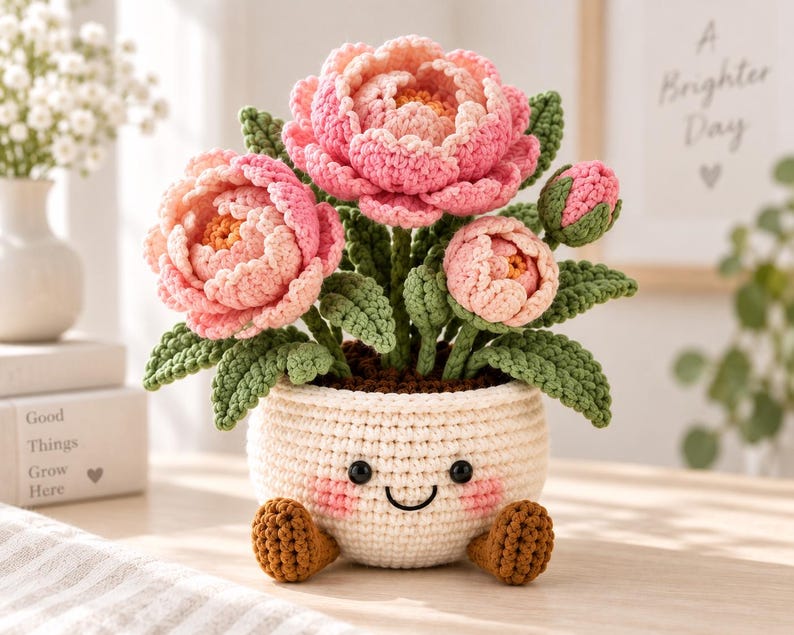Crochet Flower Pot, Handmade Peony Daisy Tulip Mushroom Plant Decor ...