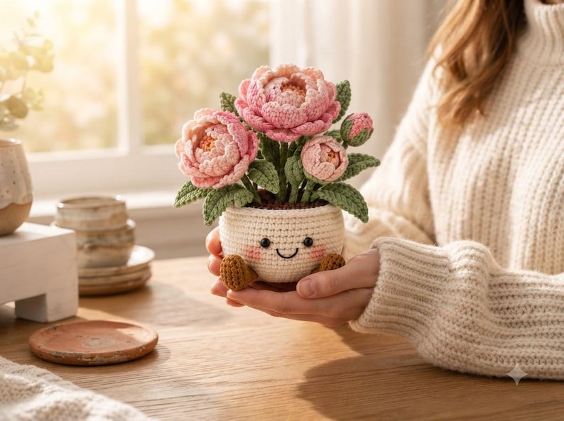 Crochet Flower Pot, Handmade Peony Daisy Tulip Mushroom Plant Decor ...