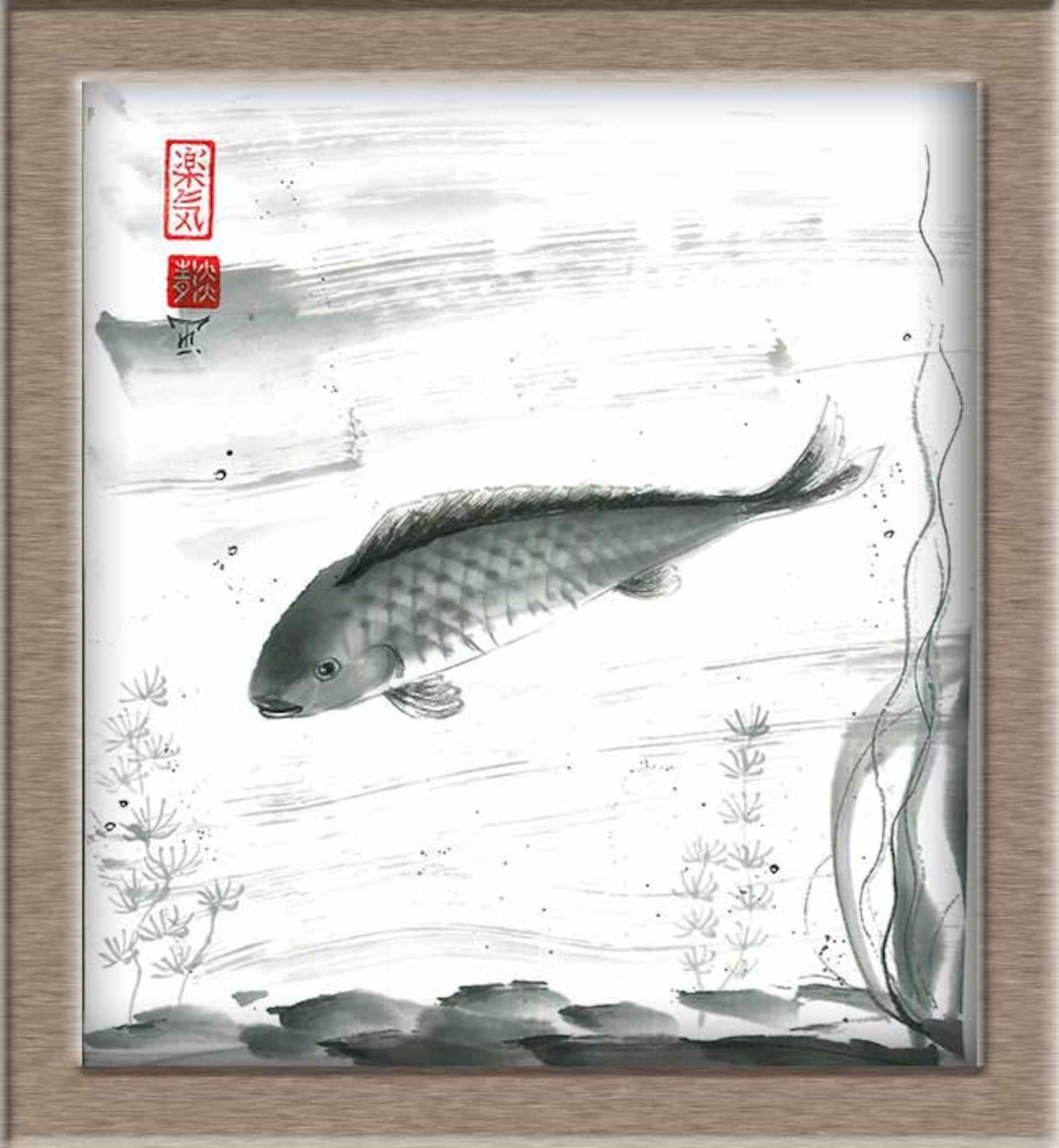 Original Art "fish" - Japanese Sumi-e - Asian Painting - Wall Decor ...