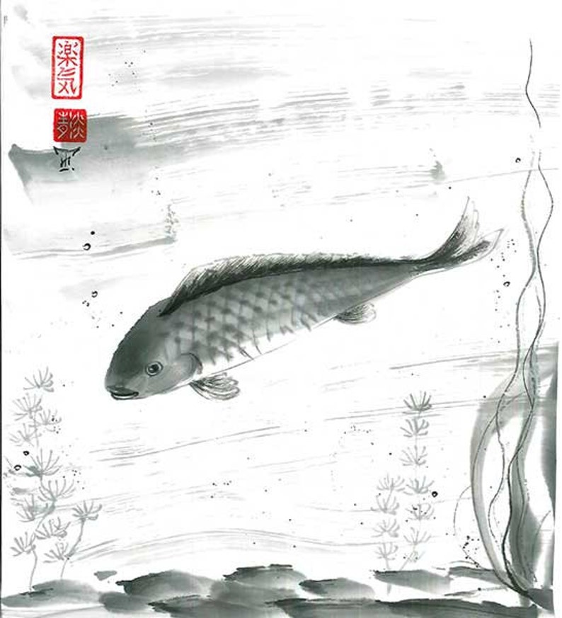 Original Art "fish" - Japanese Sumi-e - Asian Painting - Wall Decor ...
