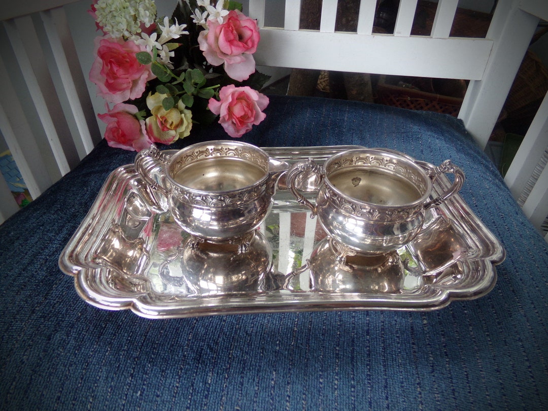 Vintage Silver Plate Tray and Creamer & Sugar Bowl / Siver Foot ...