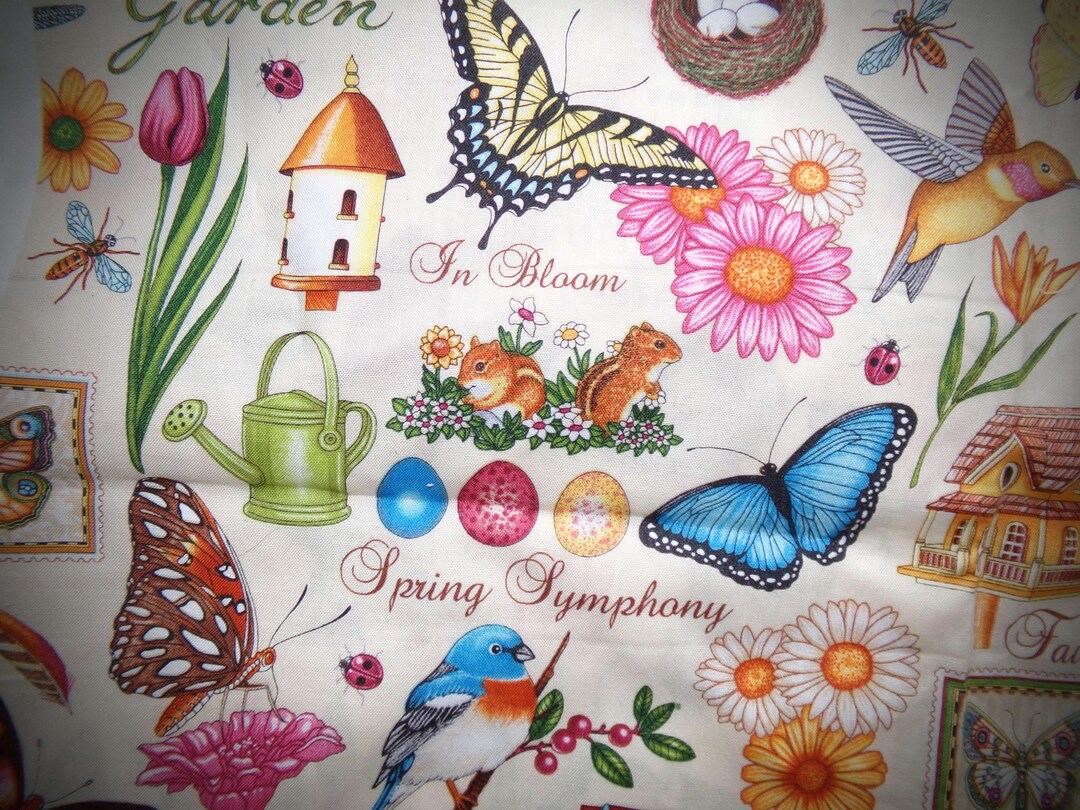 Vintage Spring Garden Fabric / Spring Symphony Fabric / Bird Houses and ...