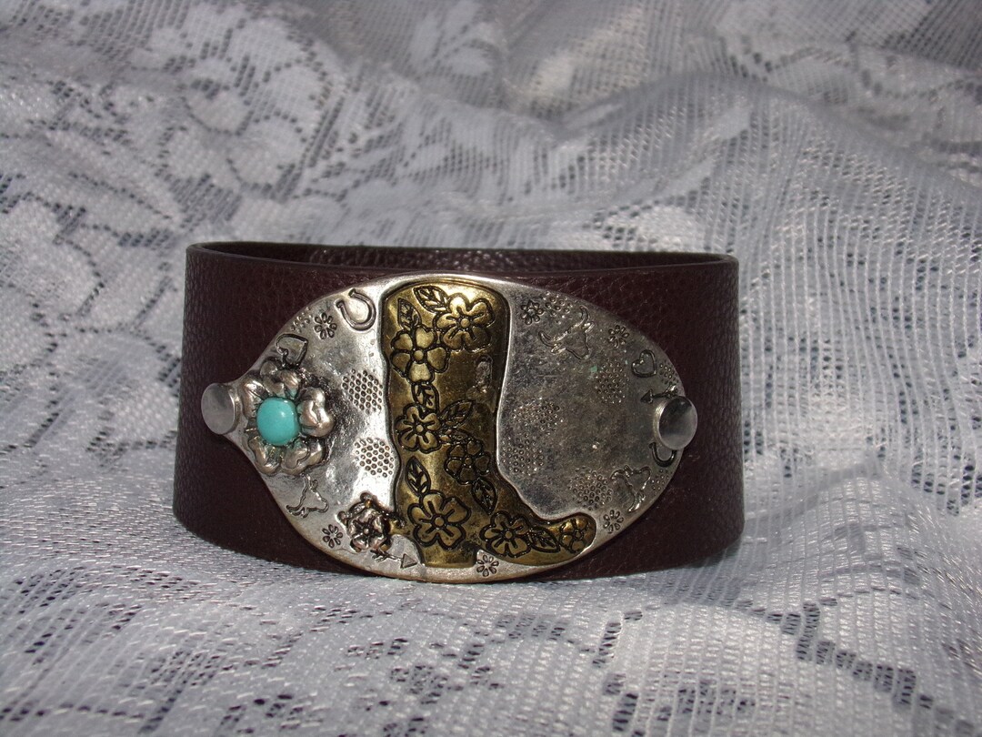 Vintage Western Leather Cuff / Country Girl Cuff . / Silver Plate on ...