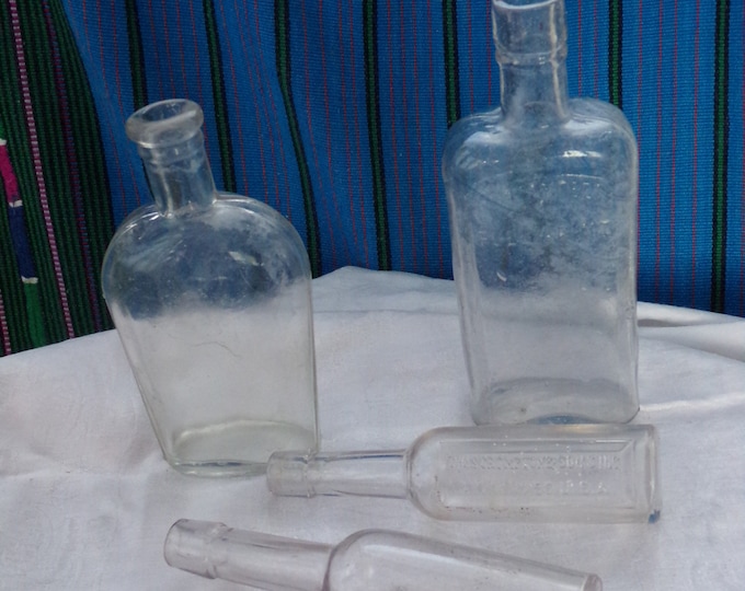 Three Antique Flask Bottles, Two Clear, One Blue, Two Owens Illinois ...
