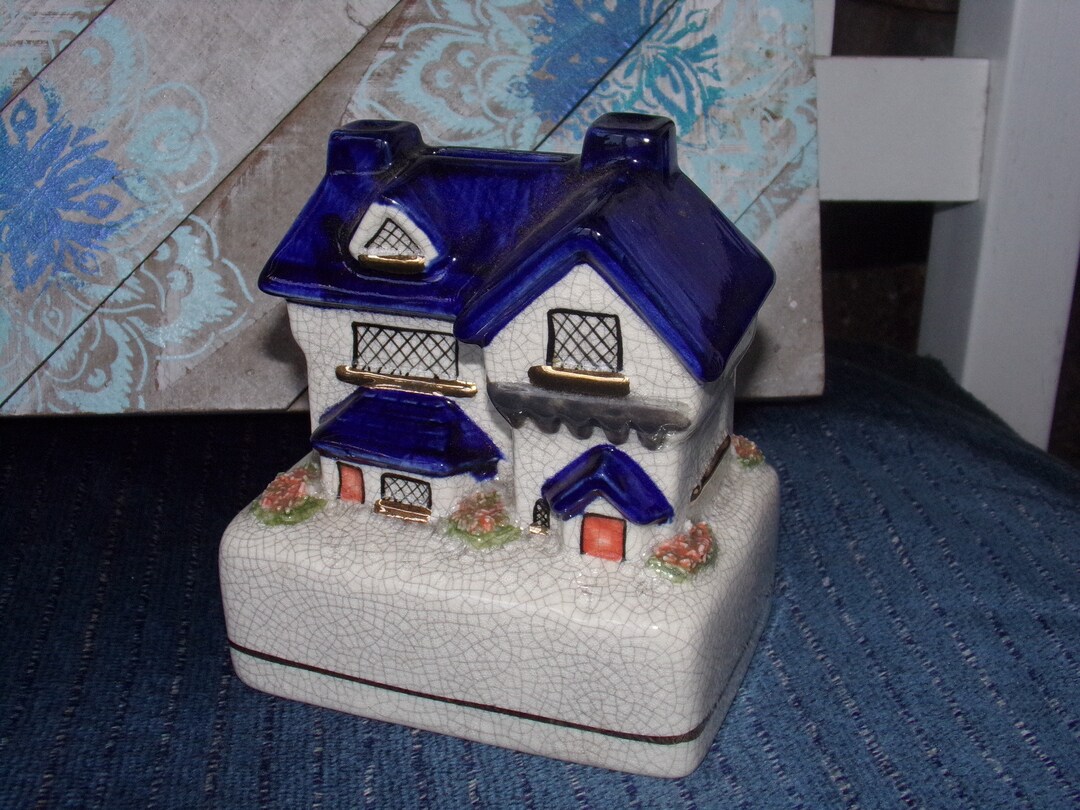 Vintage Staffordshire Bank / Blue & White Cottage Bank / Antique Bank ...