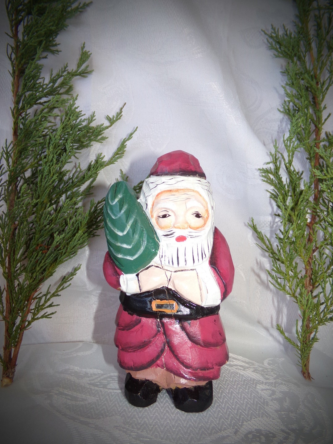 Vintage Folk Art Figurine / Hand Carved Wood Santa Claus / Farm House ...