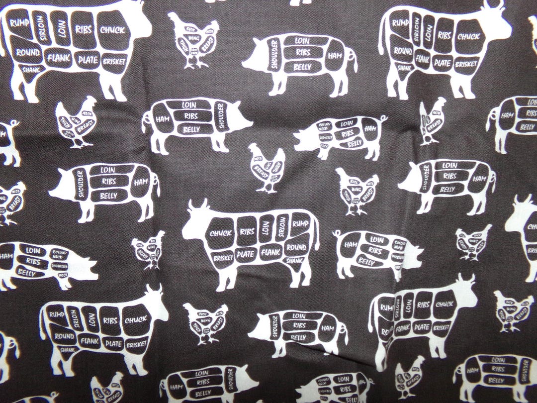 Fabric / Butcher Meat Fabric / Farm Animal Black and White / Meat Cut ...