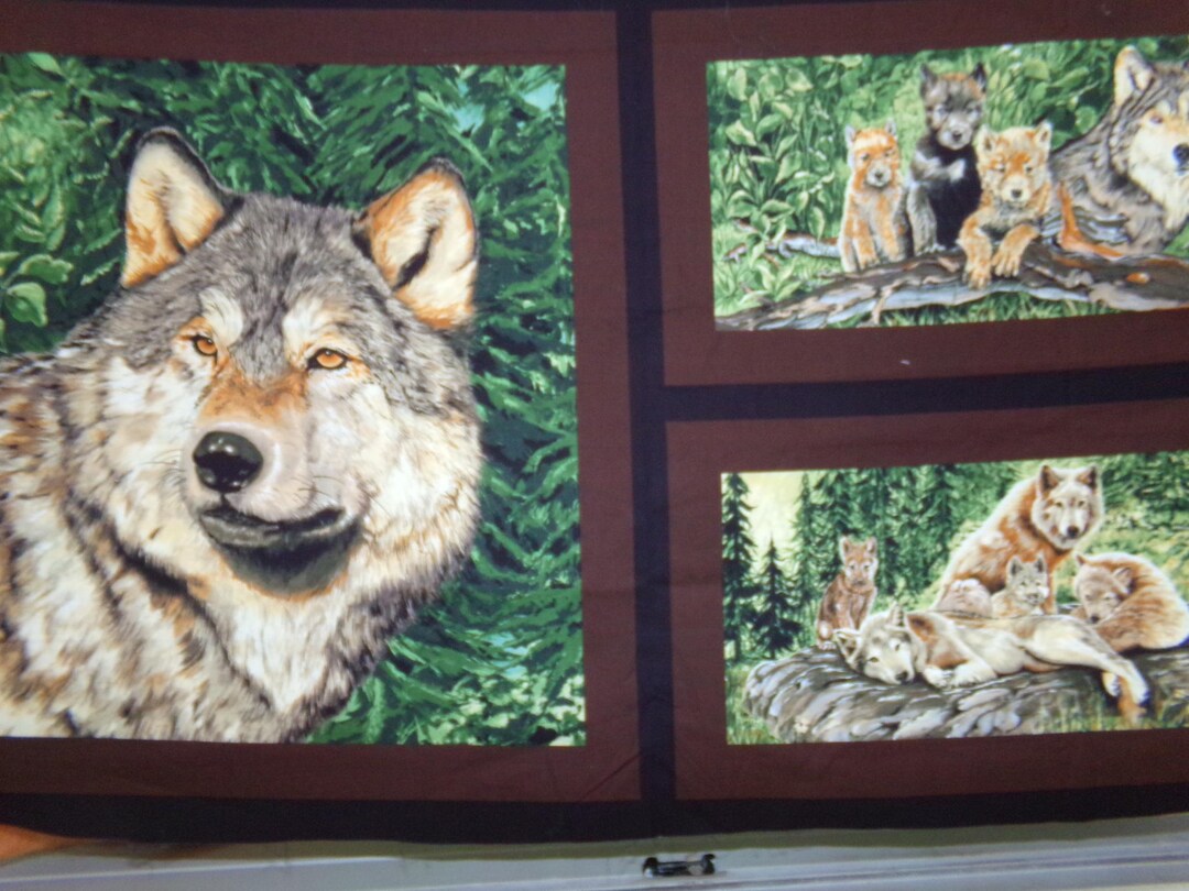 Vintage Wolf Family Fabric Panel / Wolf Pups With Mom Wolf Panel ...
