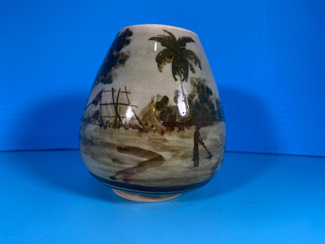 Mid Century Sian Celadon Pottery Vase With Hand Painted Primate Village ...