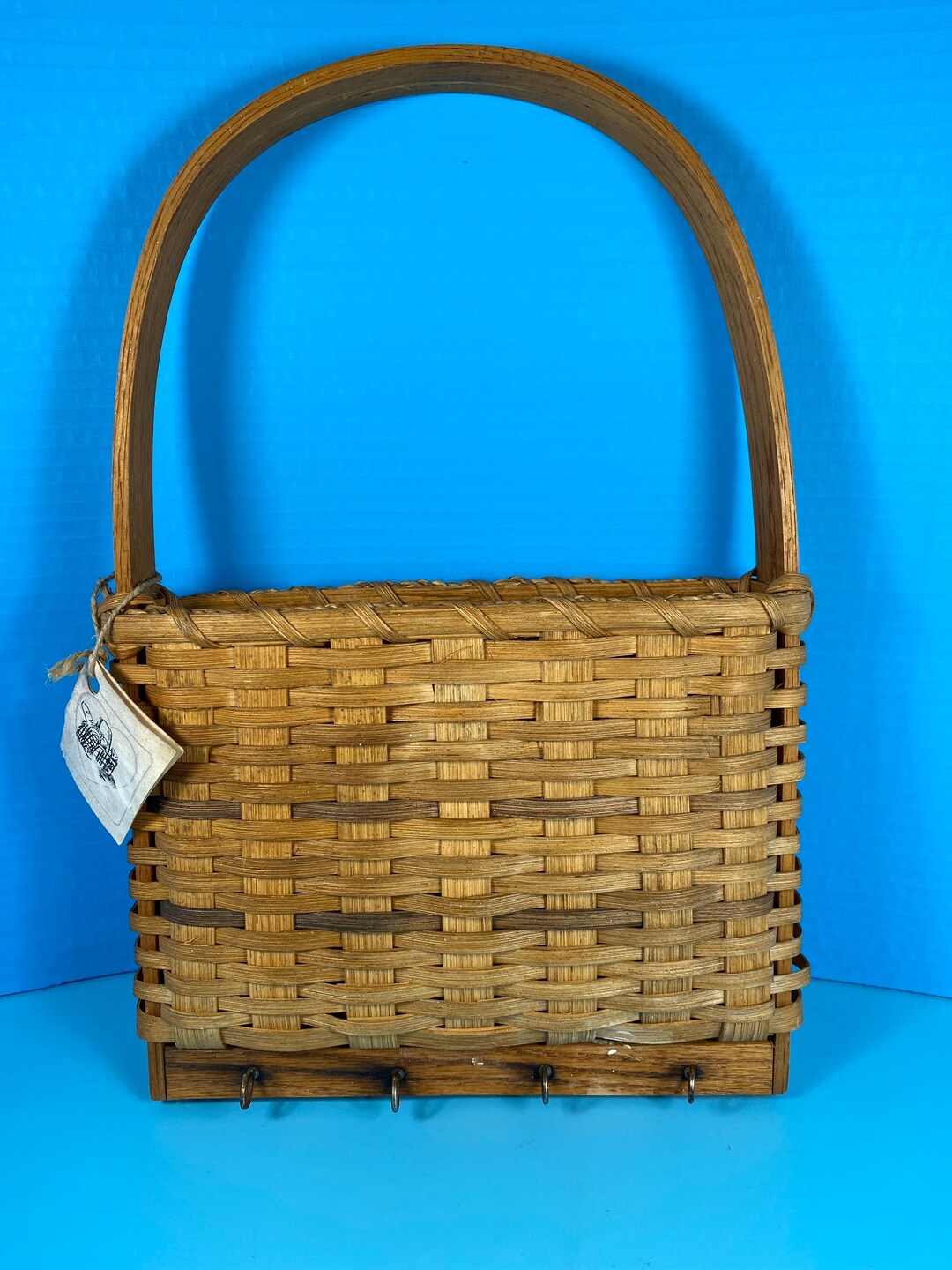 Vintage Wicker Letter Holder Wall Basket With Bent Wood Handle, Brass ...
