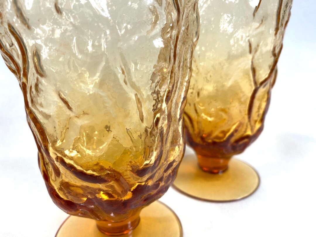 Vintage Seneca Glass Goblets: Driftwood Ombre Amber, Crinkle Glass Set ...
