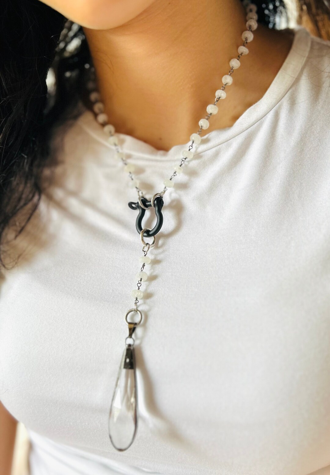 Rainbow Moonstone Y Necklace With Matte Black Shackle Clasp, Leaded ...