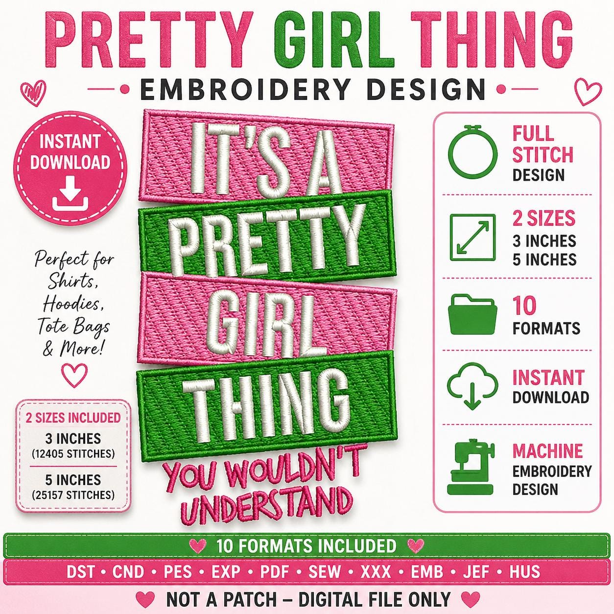 Pretty Girl Thing Embroidery Design | 2 Sizes 3in & 5in | 10 Formats ...