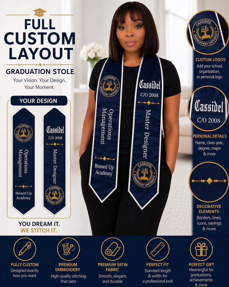 Custom Graduation Stole Embroidery | Personalized Name, Degree, Logo ...